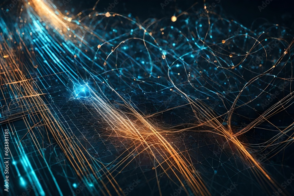 Abstract tech background with illuminated fiber optic connections, quantum computing network ...