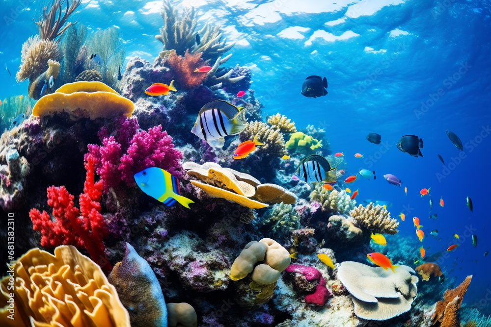 rich tapestry of selife in coral reefs, showcasing myriad species ...