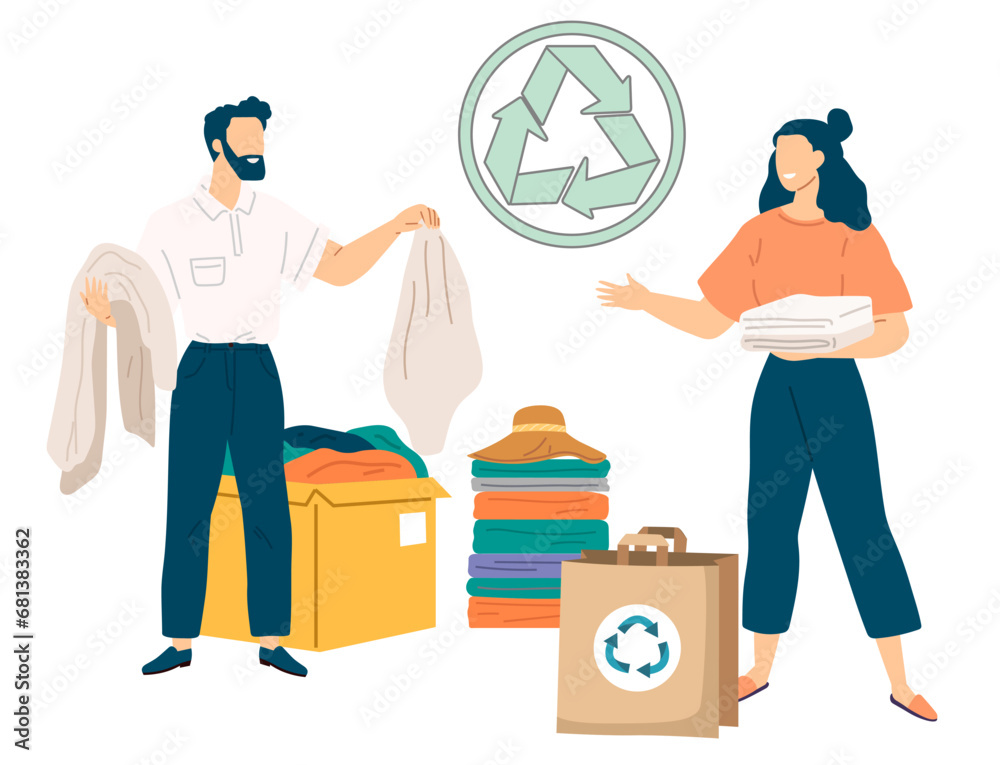 Recycling clothes. Vector illustration. Recycling clothes promotes ...