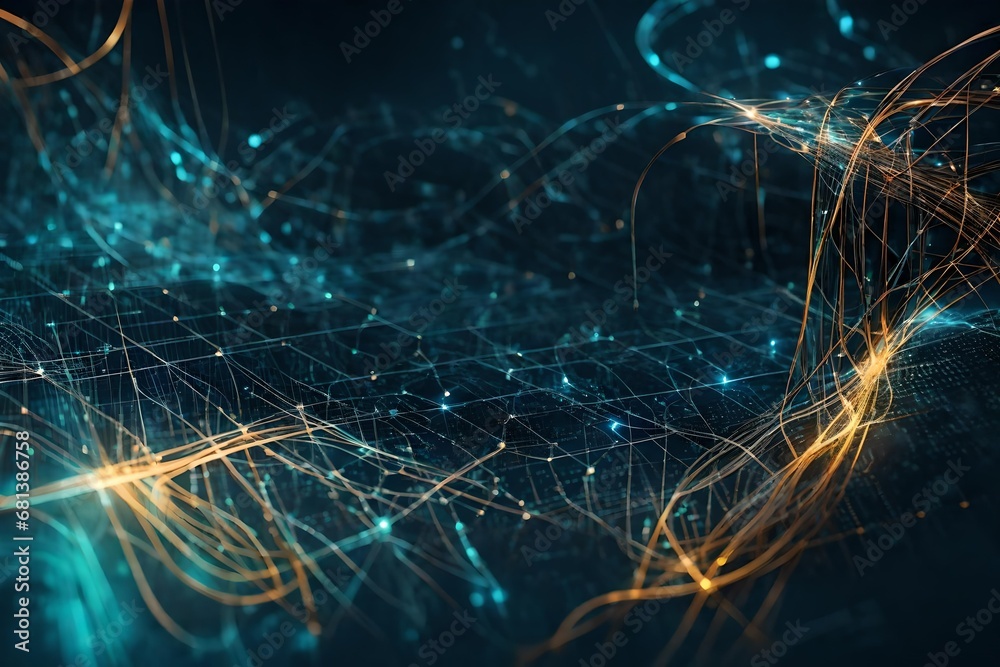 Abstract tech background with illuminated fiber optic connections, quantum computing network ...