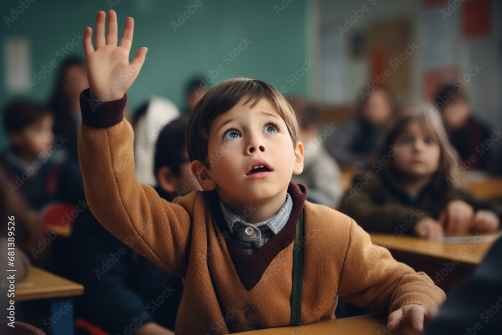 Elementary school boy raising his hand in the classroom Many students ...