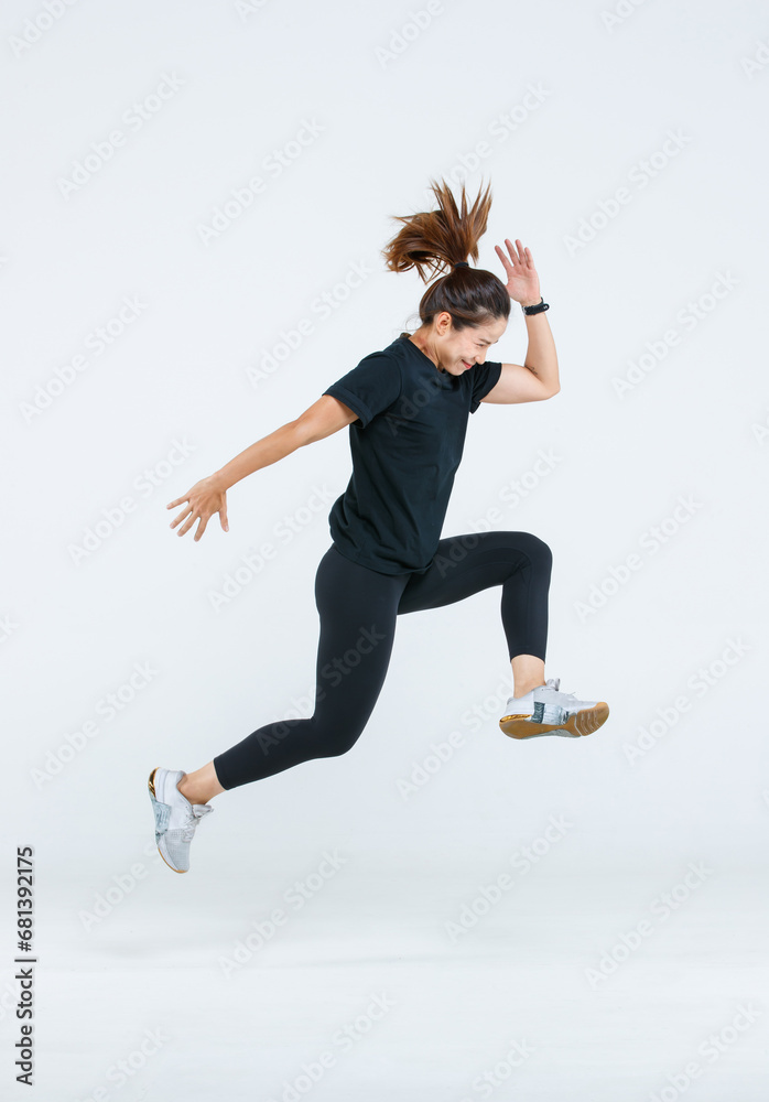 Isolated cutout full body studio shot strong Asian female fitness ...