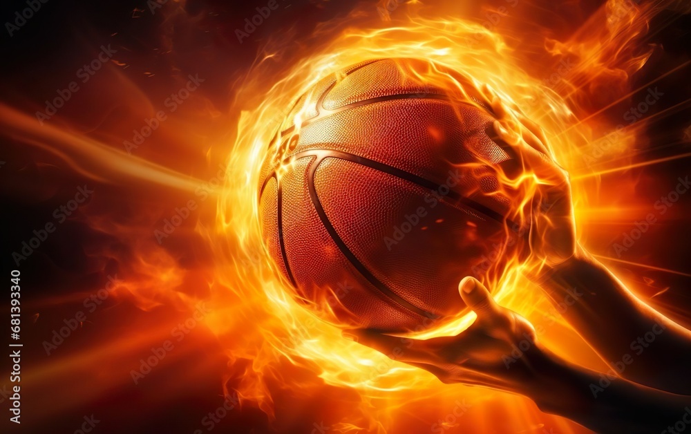 Two photorealistic hands catching orange basketball ball burning on ...