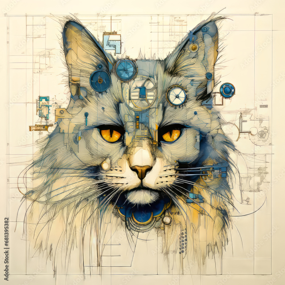 Blueprint Cat. Generated Image. A digital illustration of a cat as a ...