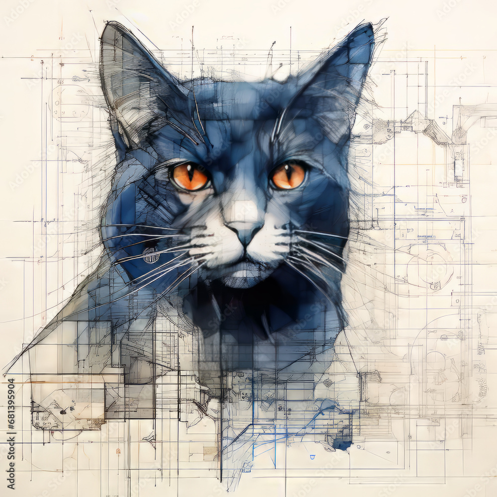 Blueprint Cat. Generated Image. A digital illustration of a cat as a ...