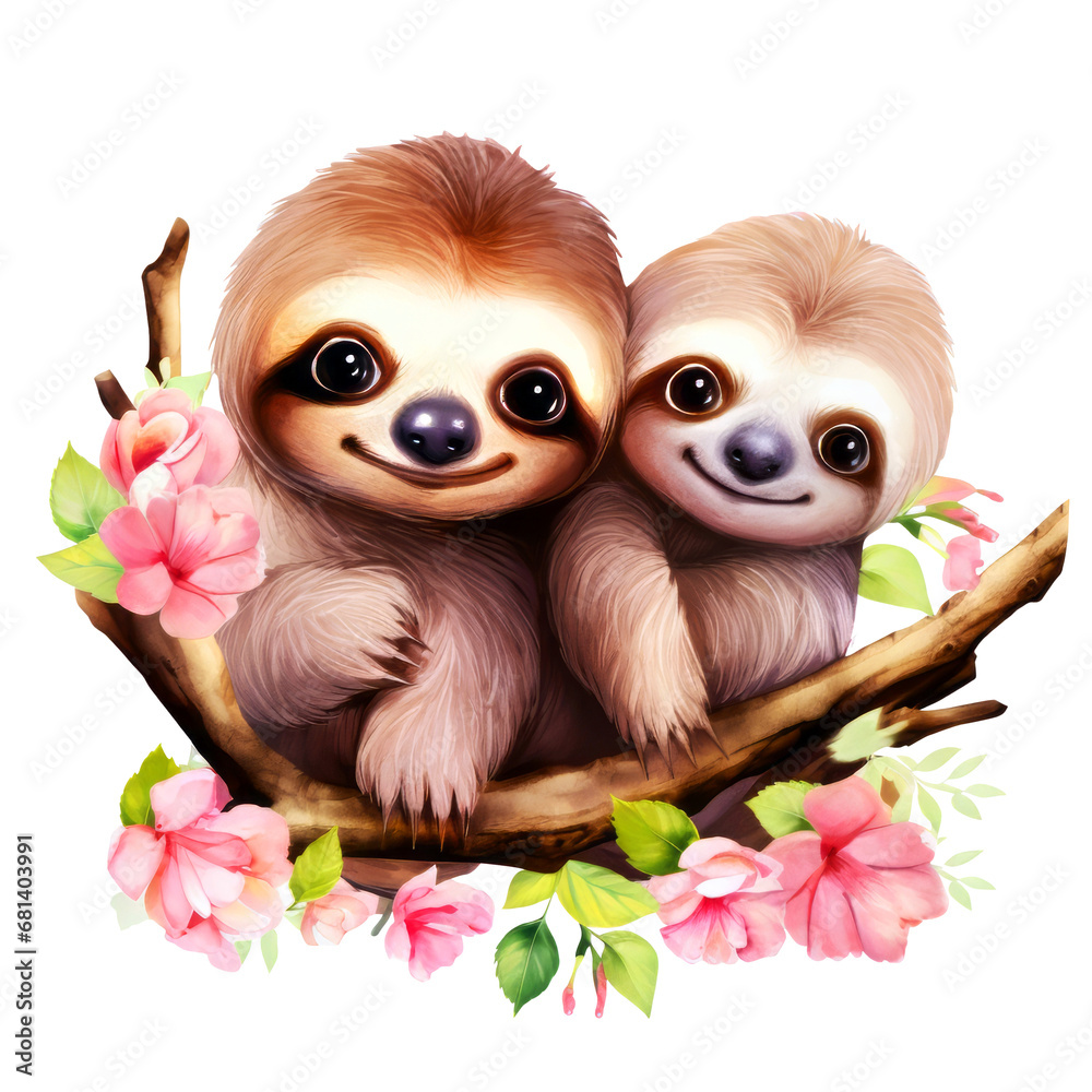 Cute Sloth Couple in love with Flower Watercolor Clipart isolated on ...