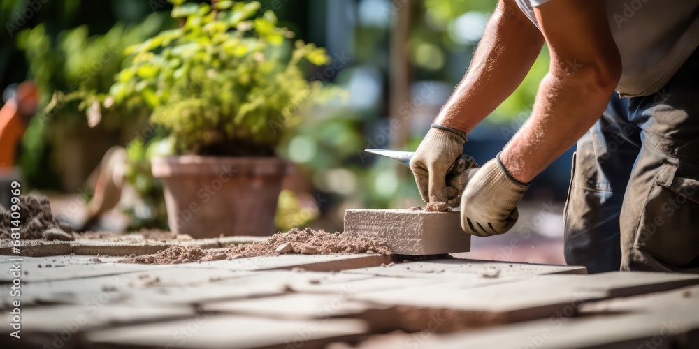 The craftsman lays paving stones in a garden placing the stones on the ...