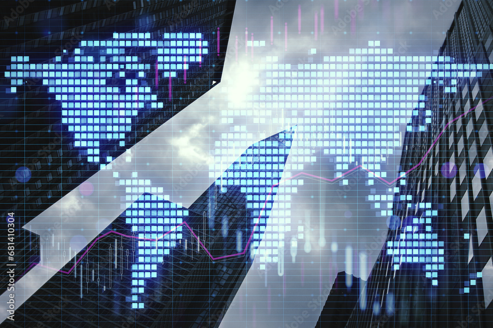 Creative glowing digital pixel squares map of the world with spotlights ...