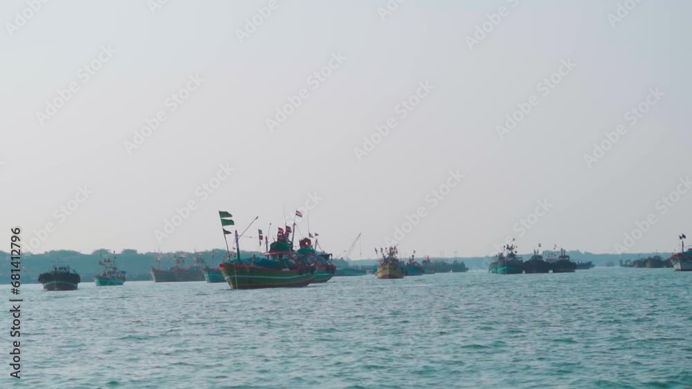 View of boats in Arabian sea at Okha port, Gujarat, India. Concept of ...