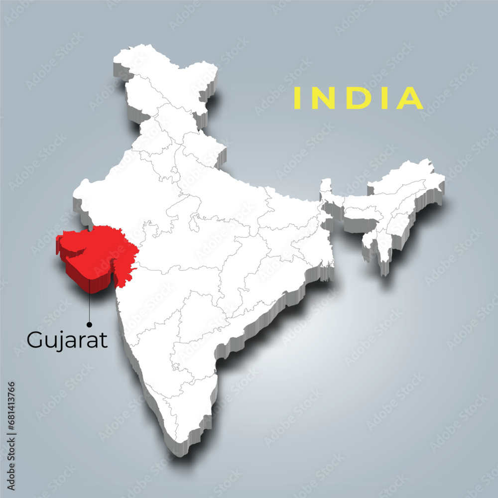 Poster Gujarat map location in Indian 3d isometric map – Muurposter ...