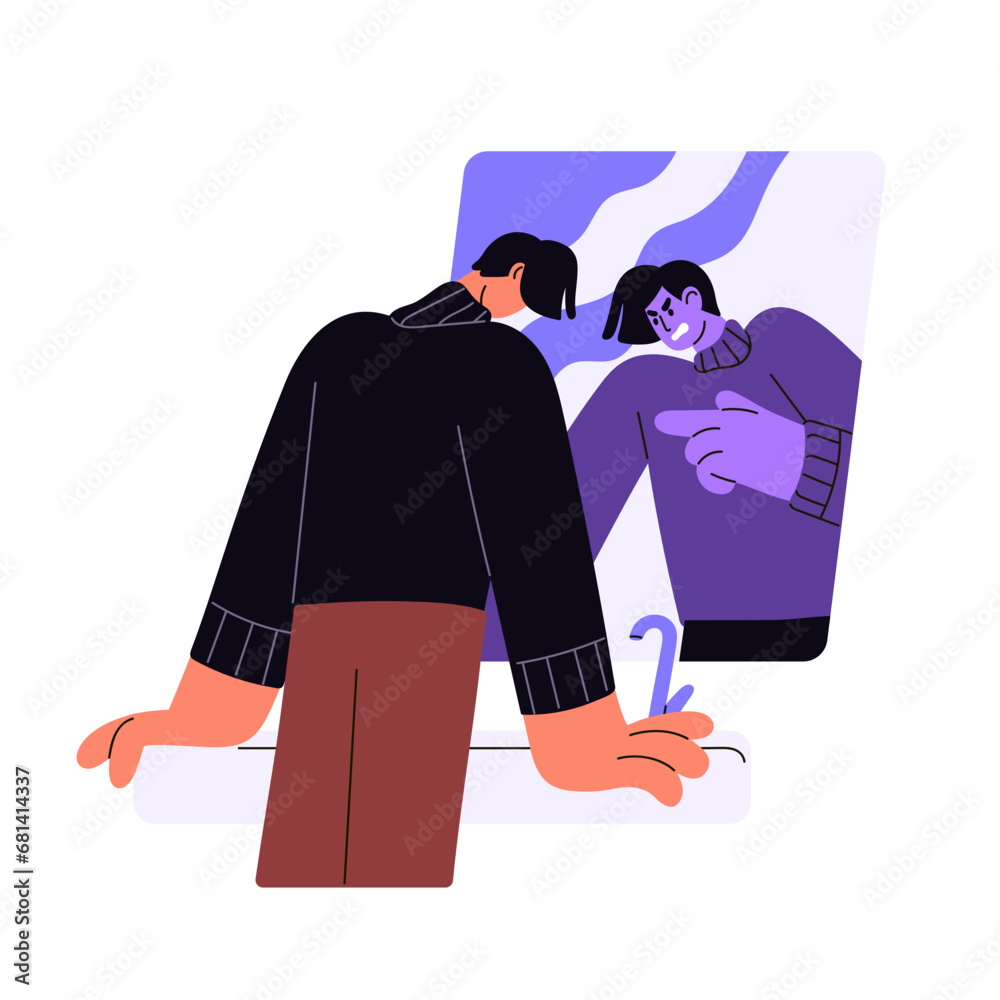 Depressed man criticize reflection in mirror. Angry male hate yourself ...