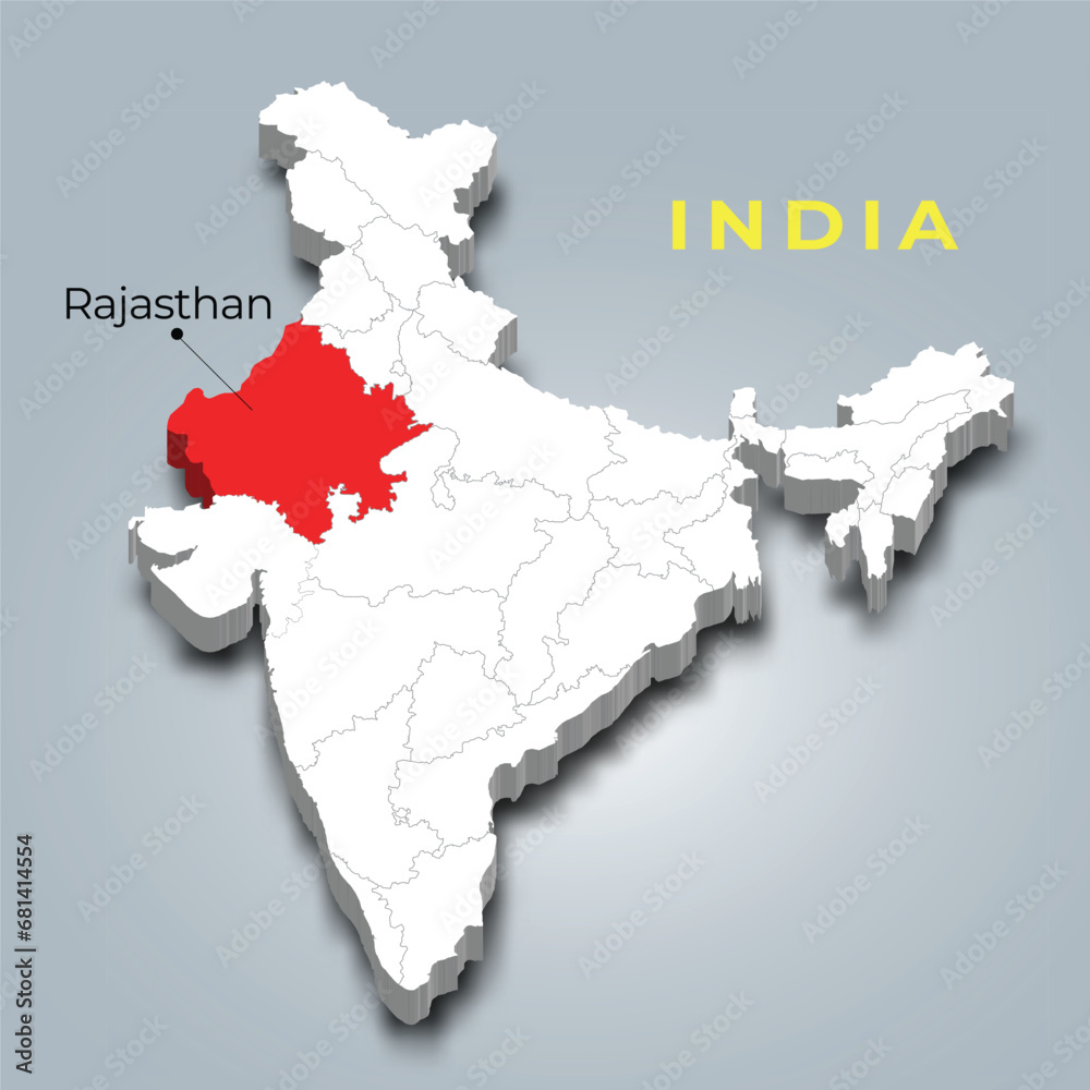 Rajasthan map location in Indian 3d isometric map. Rajasthan map vector ...