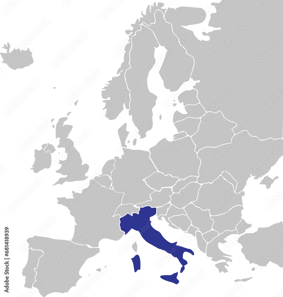 Blue CMYK national map of ITALY inside simplified gray blank political ...