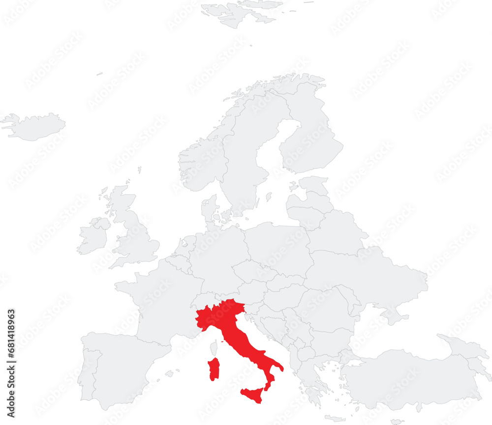 Red CMYK national map of ITALY inside gray blank political map of ...