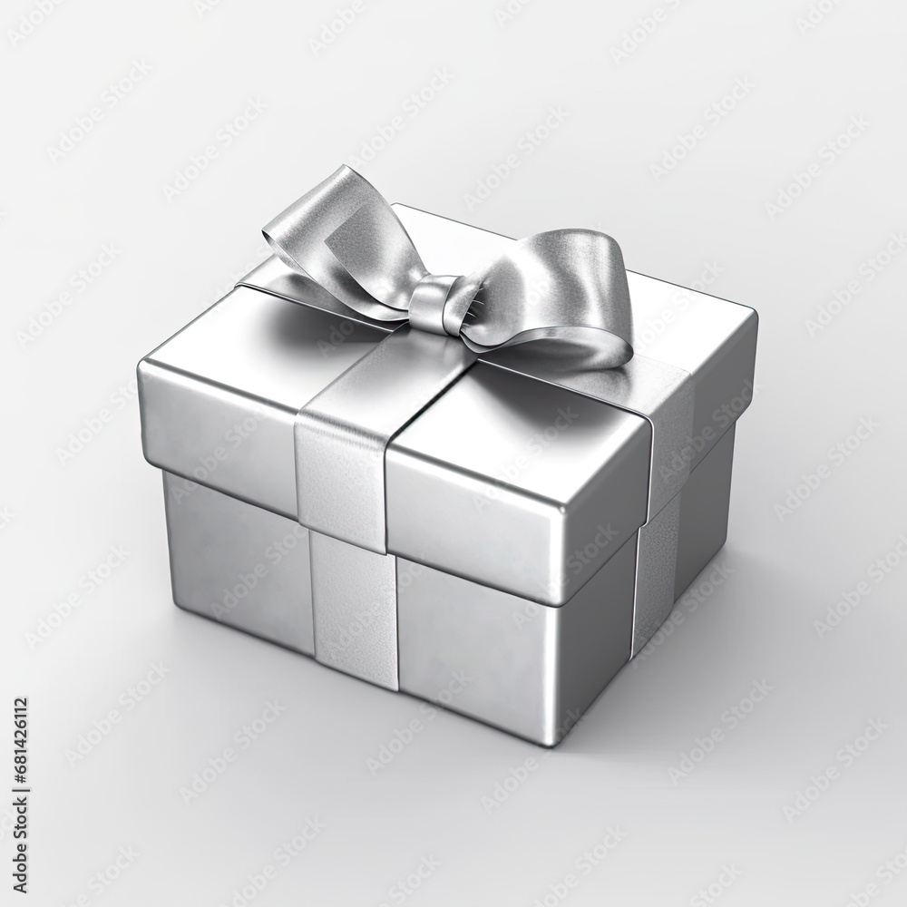 Silver gift box with ribbon and bow on a light studio background. Stock ...