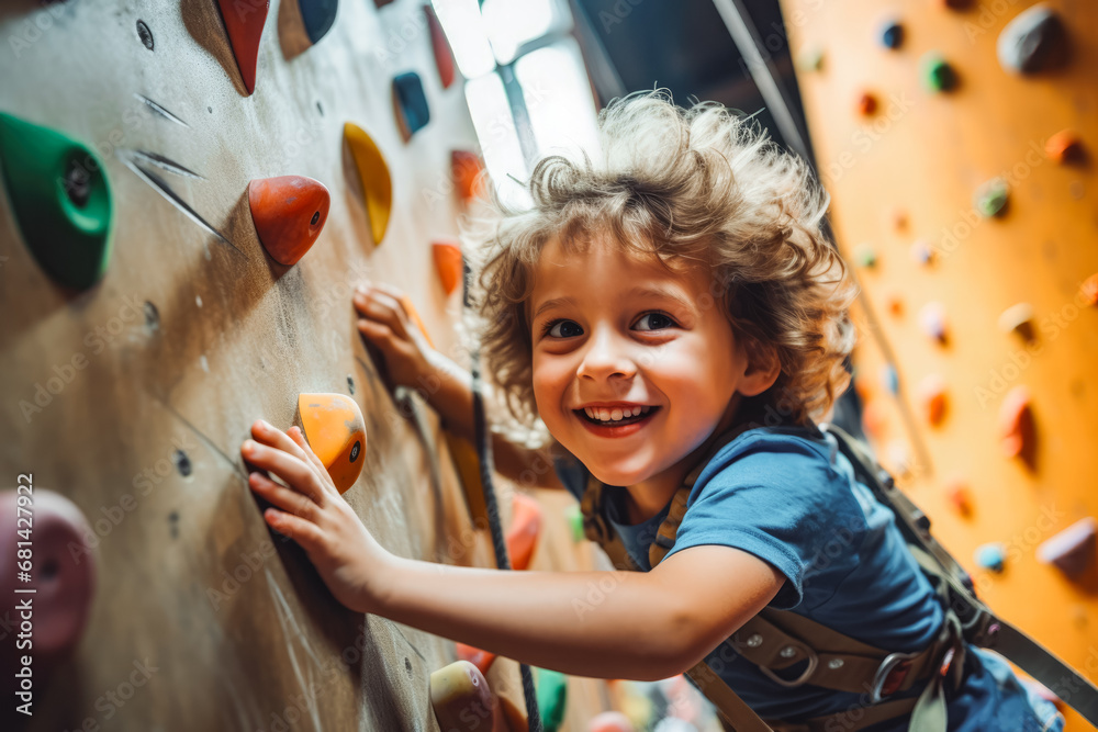 Cute little boy climbing an indoor rock climbing wall with safety gear ...
