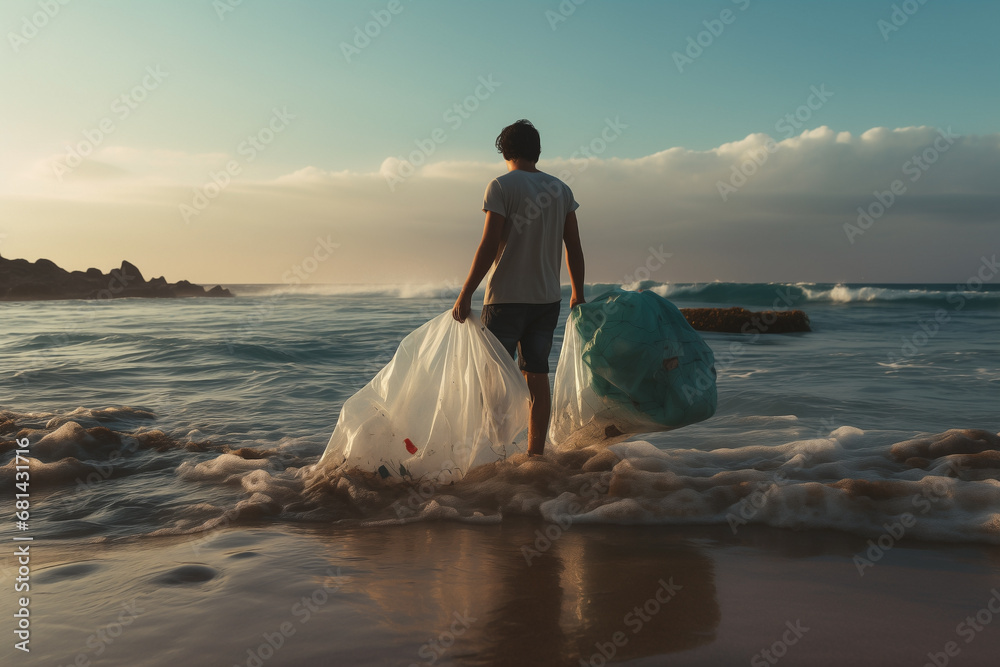 Volunteer cleaning beaches and reducing plastic pollution. Man taking ...