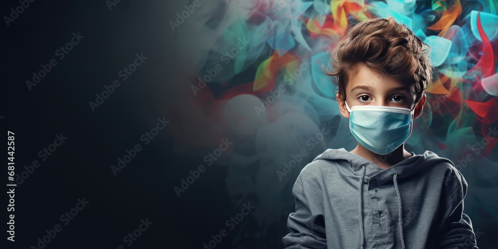Little kid boy wearing a mask because of the contagious covid-19, wide ...
