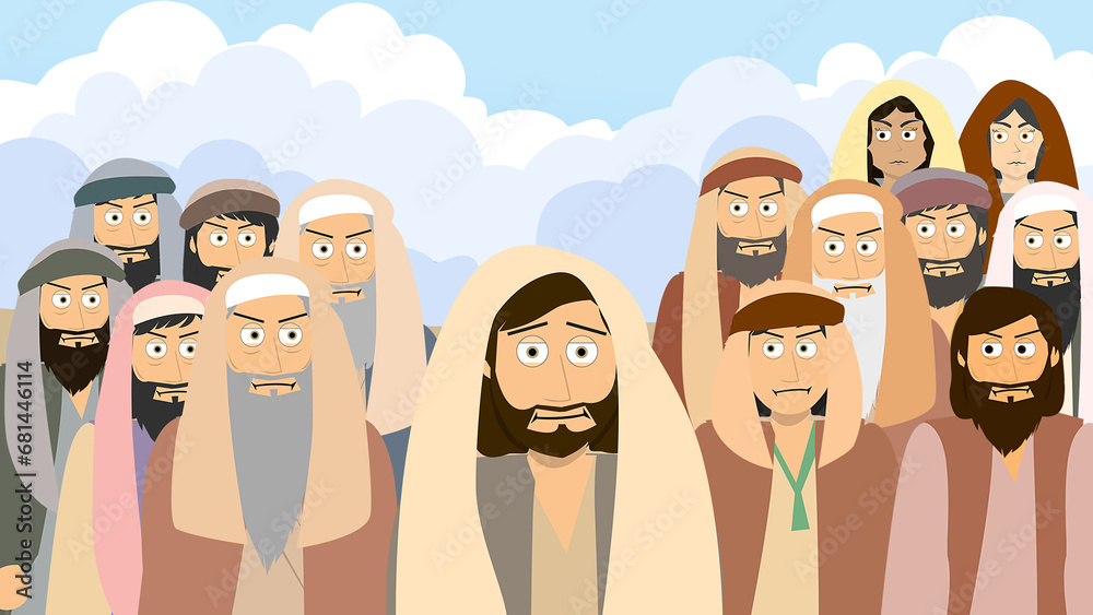 Cartoon Bible Illustration of Jesus passing through the angry mob Stock ...