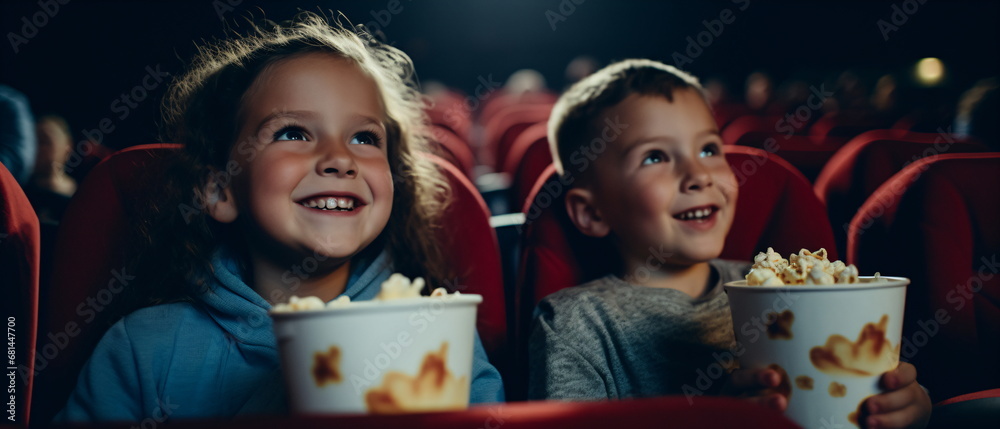 Child boy and girl watching a movie and eating popcorn in a cinema. Brother and sister sitting ...
