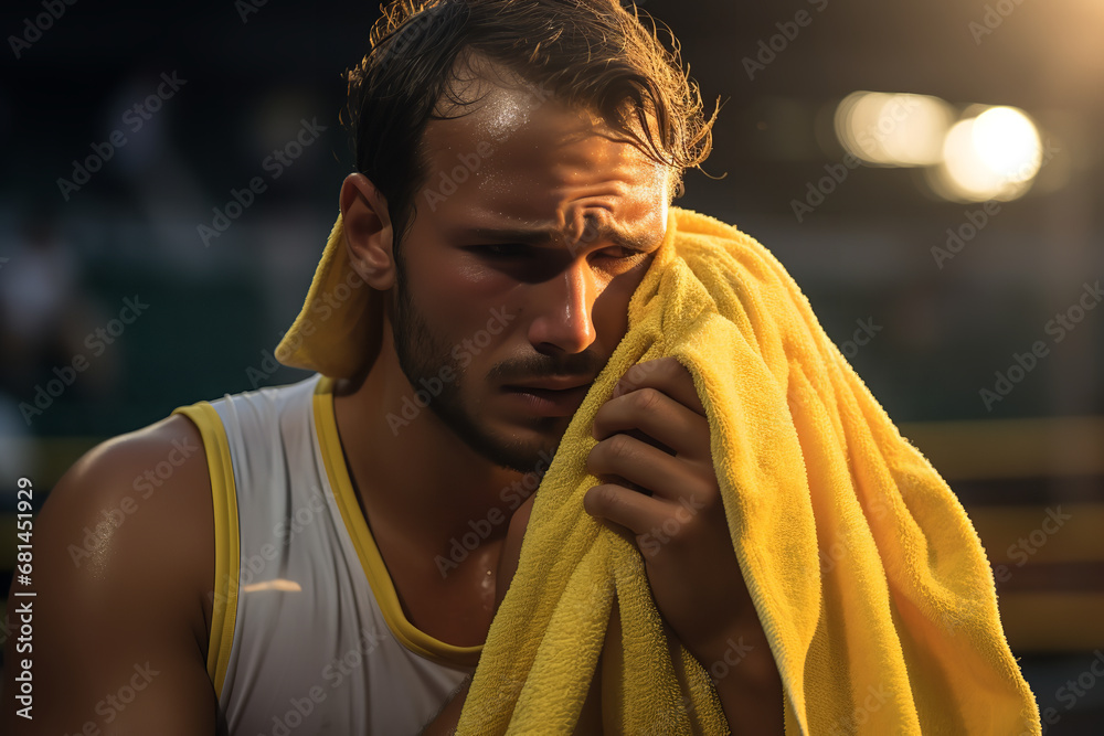 A tennis player takes a moment to wipe sweat from their forehead with a ...