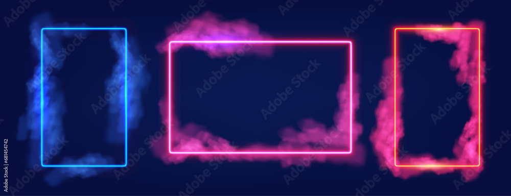 Rectangular neon light frame in cloud of smoke on black background ...