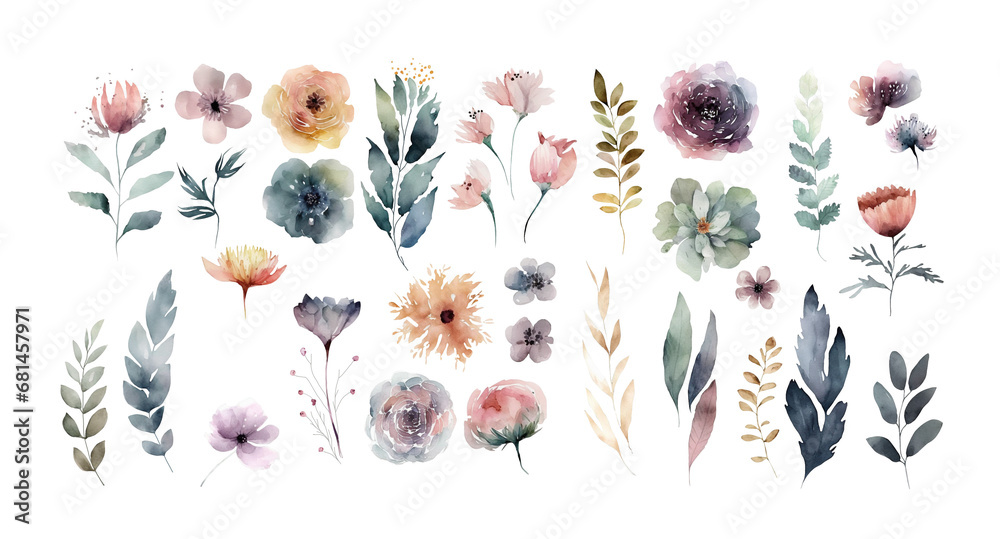 Watercolor floral clipart set, loose watercolor, flowers, plants and ...