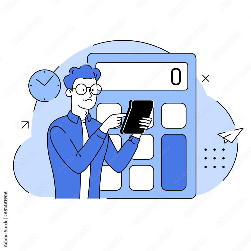 Calculator app. Man with calculator for math operations, budget, data ...