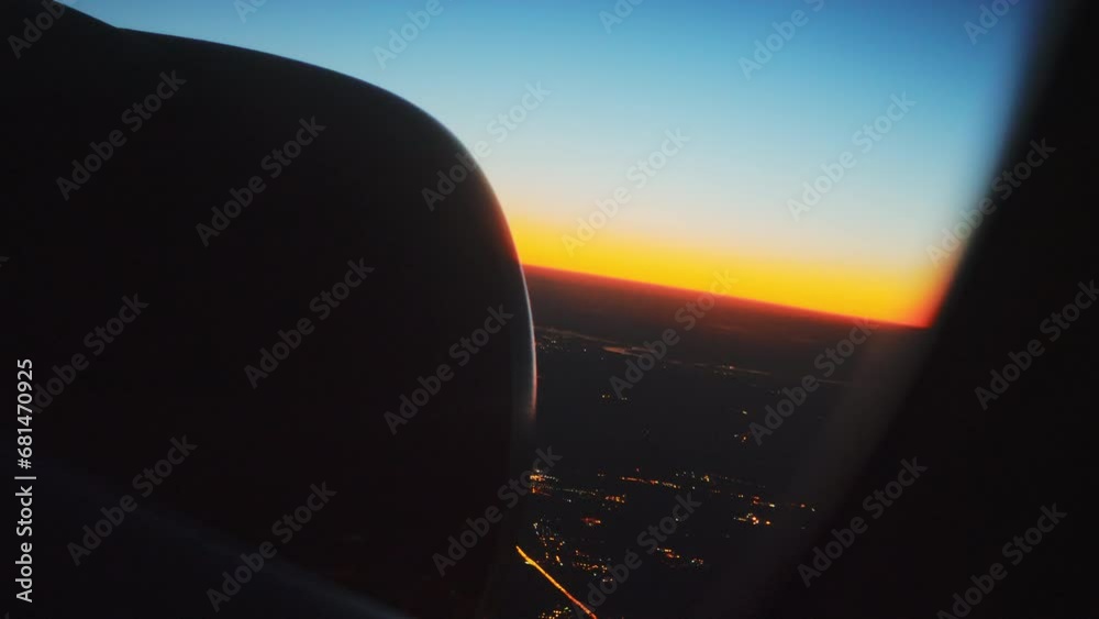 Airplane take off over night sky city lights, view from window sit ...