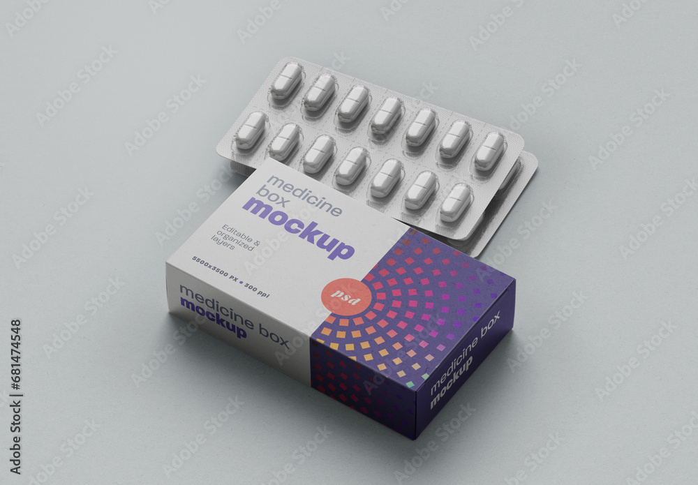 Pill Box Medicine Packaging Mockup Stock Template | Adobe Stock