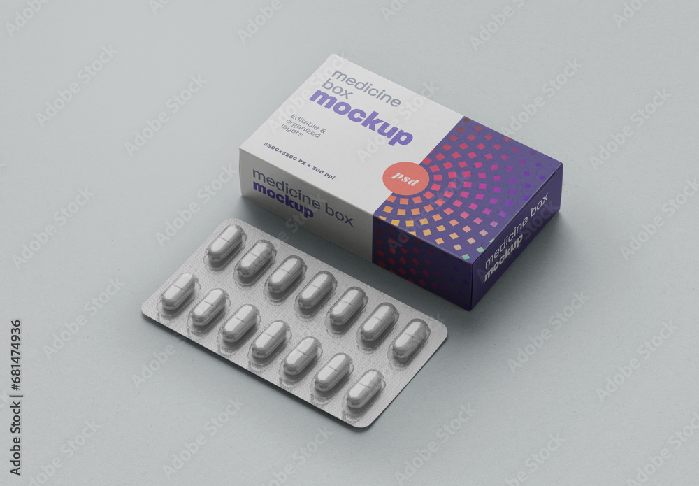 Pill Box Medicine Packaging Mockup Stock Template | Adobe Stock