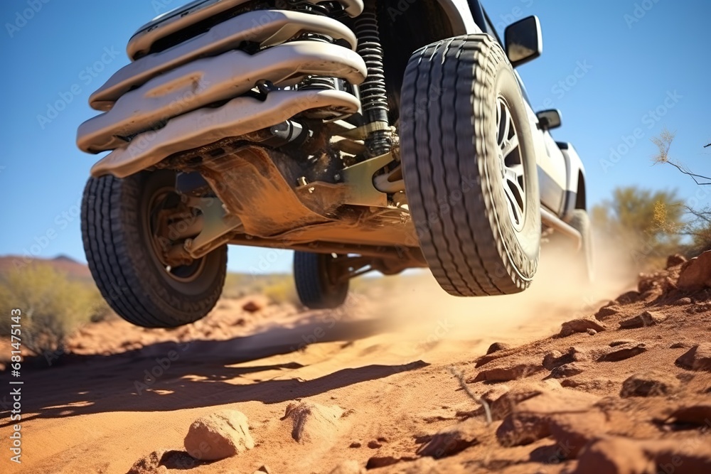 Extreme off-road 4x4 car suspension in action on a desert rally trail ...