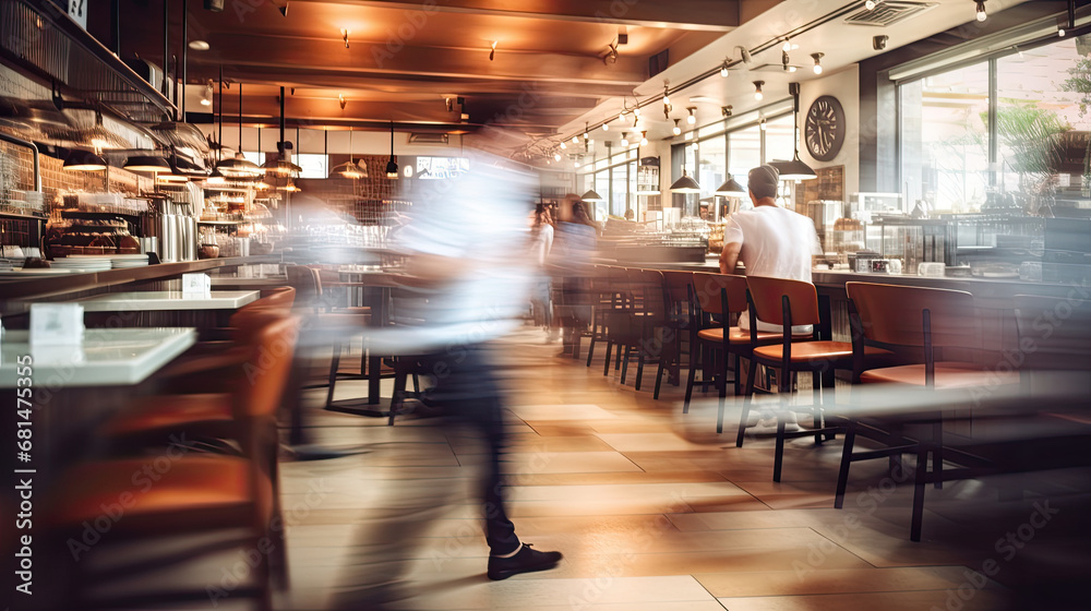Blurred customers walking fast movement in coffee shop or cafe ...