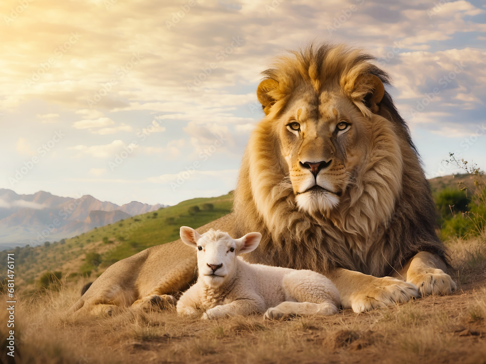 Lion And Lamb Lay Down Together in the field bible content Stock-Foto ...