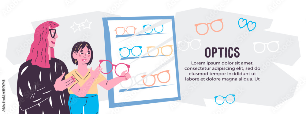 Eyeglasses and optical shop banner or poster background. Glasses and ...