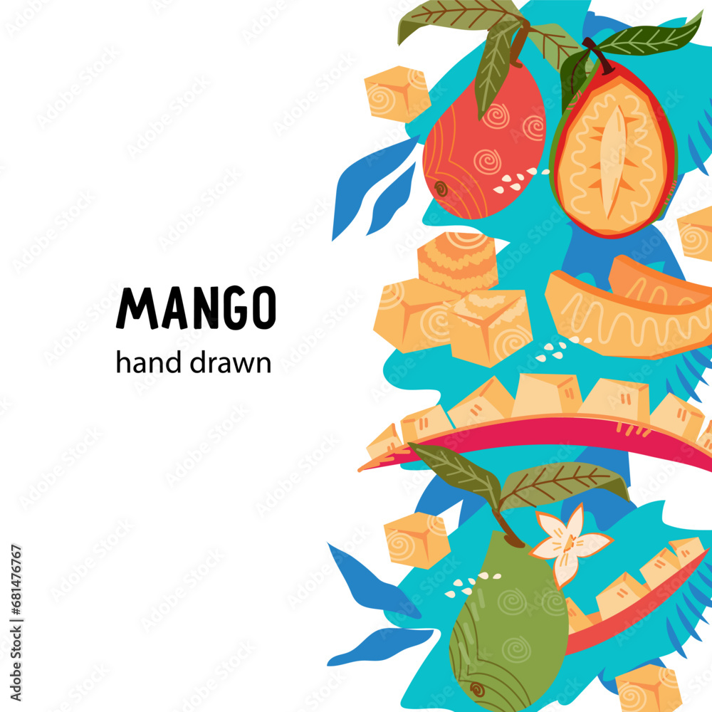 Decorative bright frame or border, card design with mango fruits. Mango ...