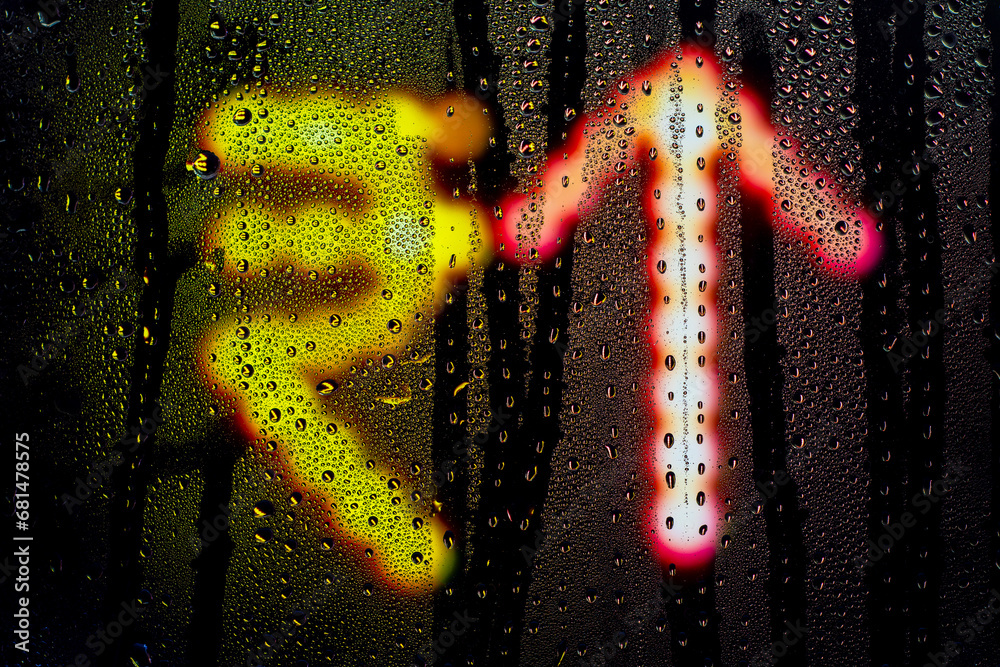 Blurred glowing Indian Rupee sign with arrow up made from light bulbs ...