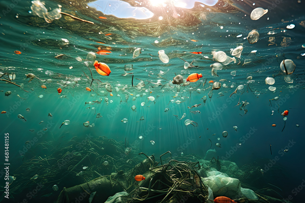 underwater plastic waste and biodegradation effect in the ocean. Stock ...