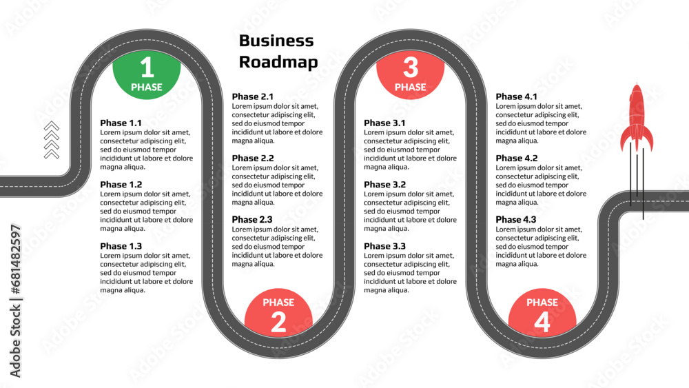 Roadmap with winding road with stages and rocket on white background ...