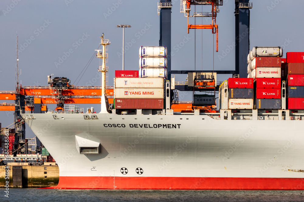 Cosco container ship being loaded by gantry cranes in the ECT Shipping ...