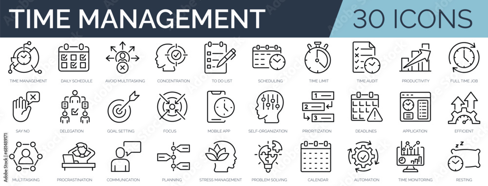 Set of 30 outline icons related to time management. Linear icon ...