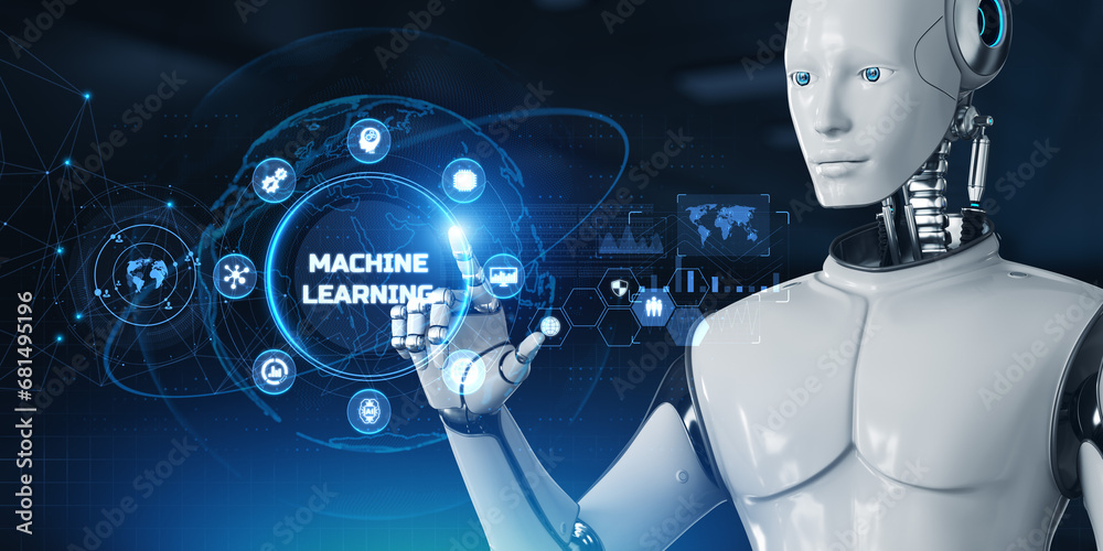 Machine learning artificial intelligence AI concept. Robot pressing button on screen 3d render ...