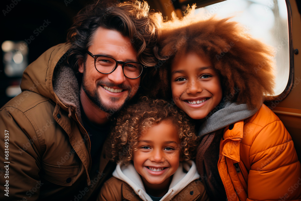 single father with two daughters smiling on vacation Stock Photo ...