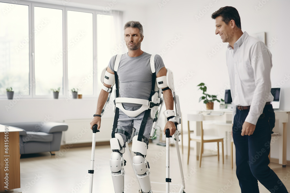 Patient with injury wearing advanced robotic exoskeleton legs with ...
