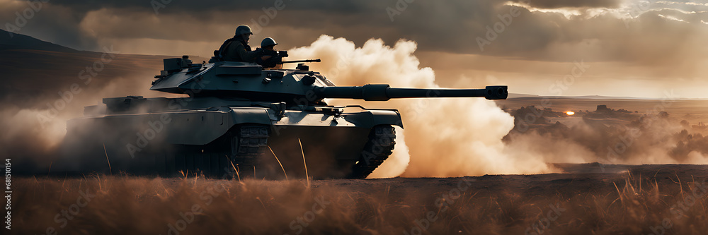 an armored tank firing during combat over a battlefield. explosions and ...