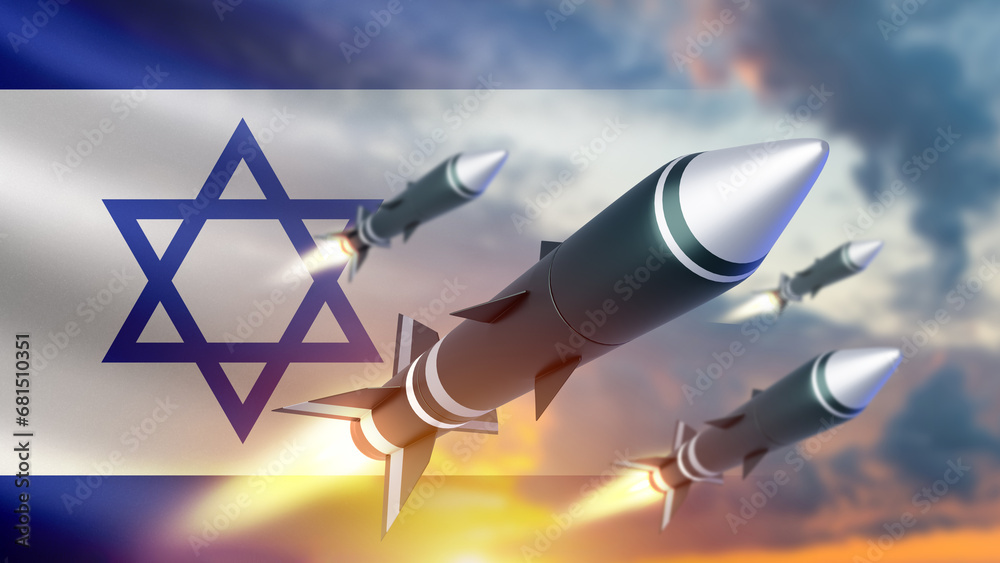 Rockets near Israel flag. Anti-missile dome Tel Aviv. Rockets launched ...