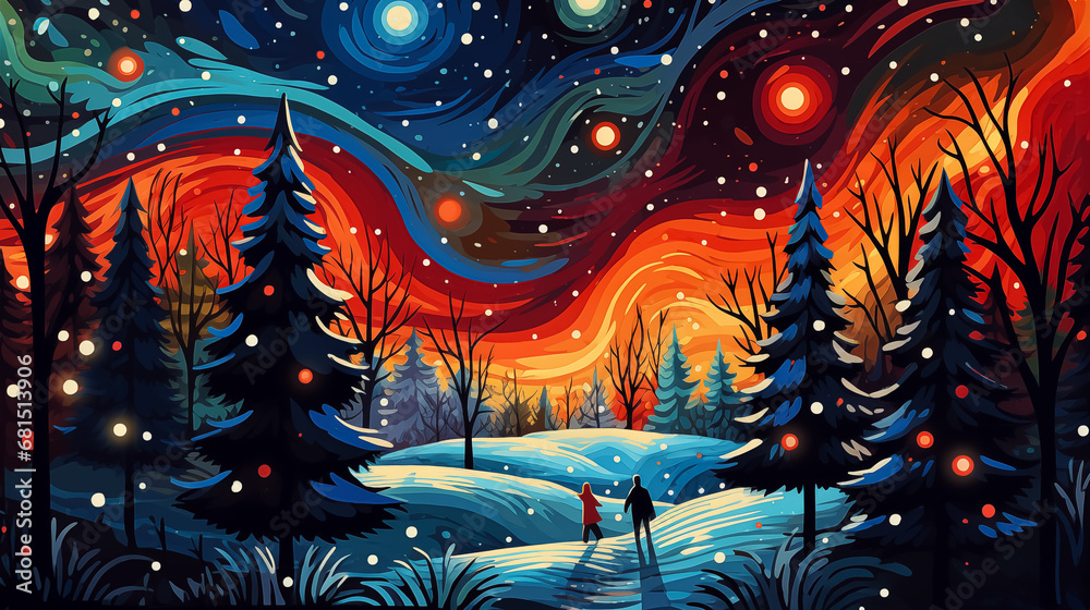 Whimsical winter scene illustration with vibrant sunset hues, snowy ...