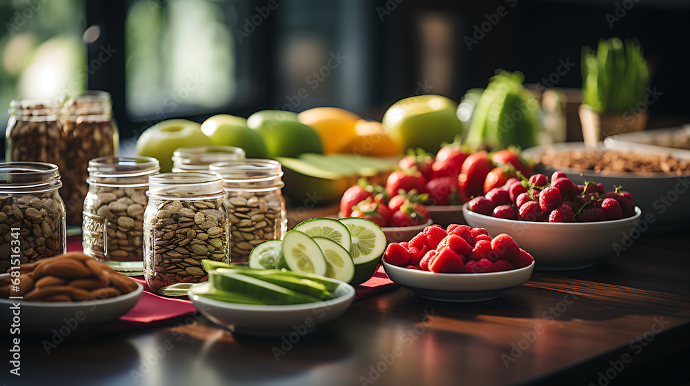 A modern, bright kitchen with healthy foods spread out on a counter ...