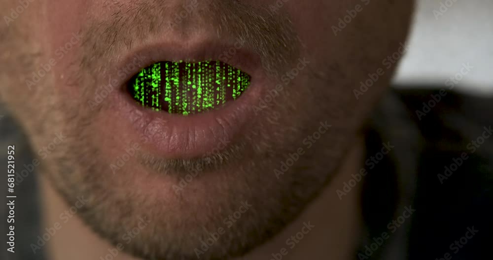 Man opens mouth with running matrix symbols, close-up. Transition ...