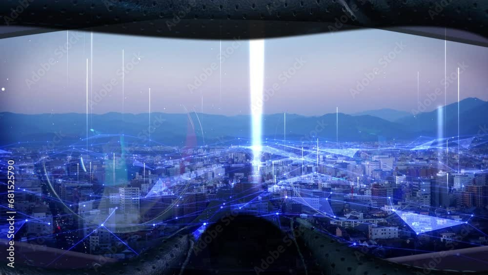 Wear VR virtual reality and see the city of the future. There are ...